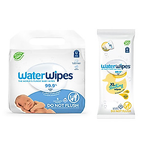 WaterWipes Bundle, Original 300 Count (5 packs) & XL Bathing Wipes 16 Count (1 pack), Plastic-Free, 99.9% Water Based Wipes, Unscented, Hypoallergenic for Sensitive Skin, Packaging May Vary