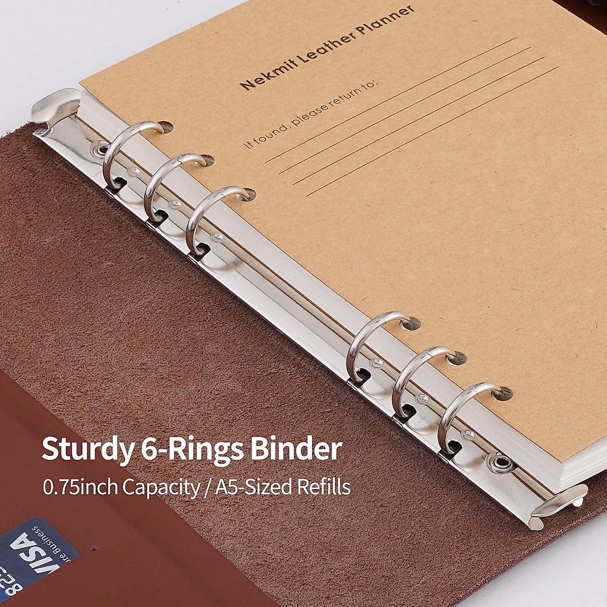 Nekmit Leather Planner 2024-2025, Monthly Weekly Planner, A5 Refillable 6 Ring Binder, Genuine Leather Cover with Inner Pockets and Pen Holder, Brown