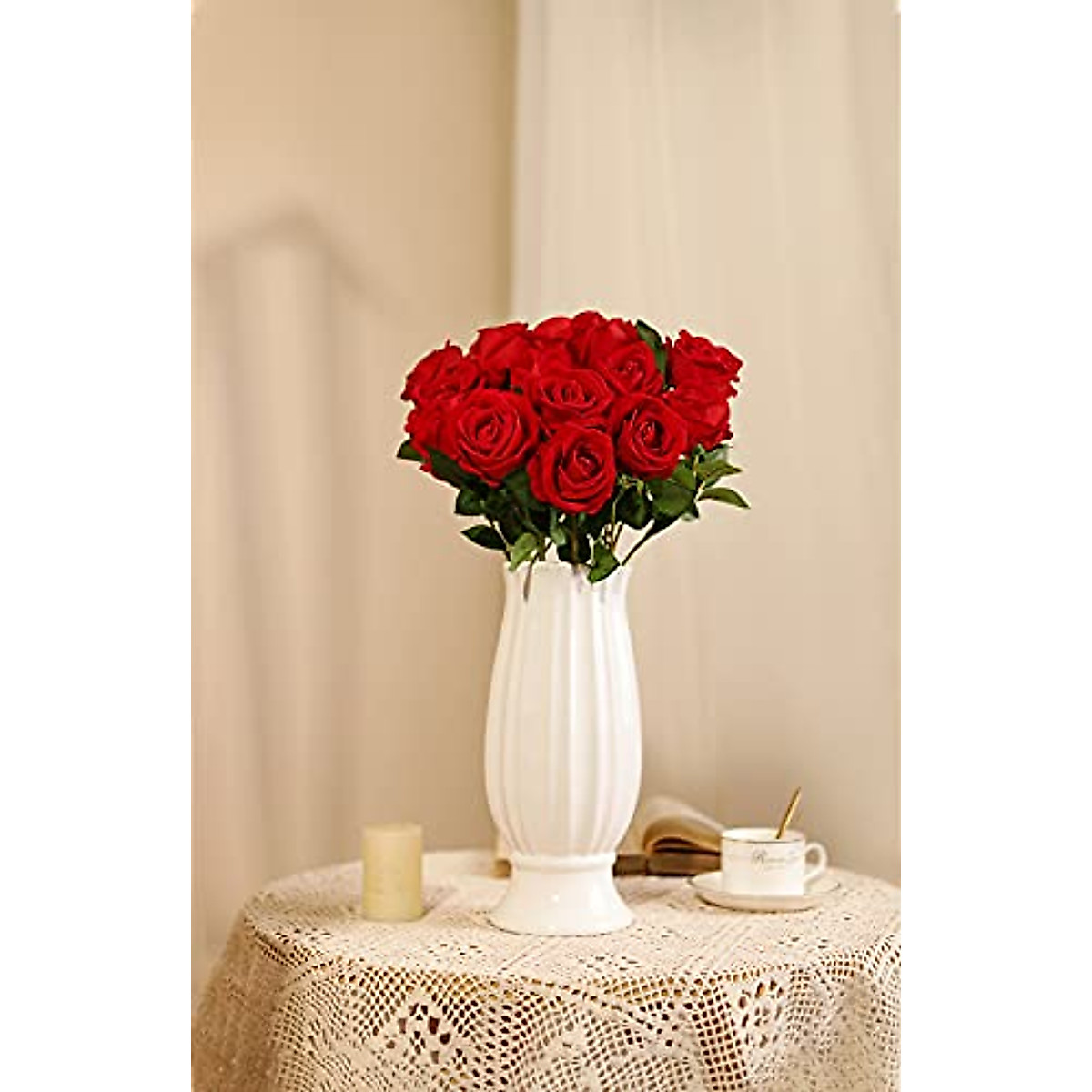 Luyue 10 Pack Artificial Velvet Roses Fake Red Rose Silk Flowers with Stem Floral Gift for Wedding Arrangement Party Home Decor-Red