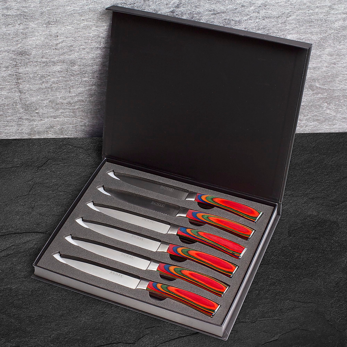 Baltique Marrakesh Collection Kitchen Steak Knives Set of 6, 5-Inch Stainless Steel Serrated Knife Set with Colorful Wooden Handles for Cutting Meat