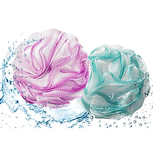 Loofah-Bath Sponge-White w/Color Set-XL-75g by À La Paix-Extra Large 4 Pack Soft Mesh Loufa Puff-Exfoliating Luffa Body Scrubber Women & Men Silky Skin -Long-Handle Body Exfoliator-Bathing Accessories