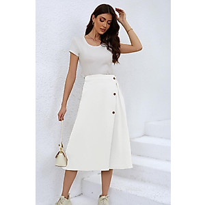 CHARTOU Women's Summer Linen Elastic Back Buttoned Swing Midi A Line Skirt (Large,White)