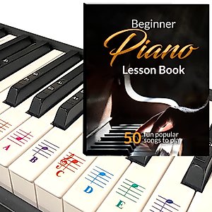 Beginner Piano Book for Kids, Piano Keyboard Stickers, 50 Amazing & Popular Songs, Color Piano Key Stickers for 88/76/61/54/49/37 Key Keyboards, Transparent and Removable