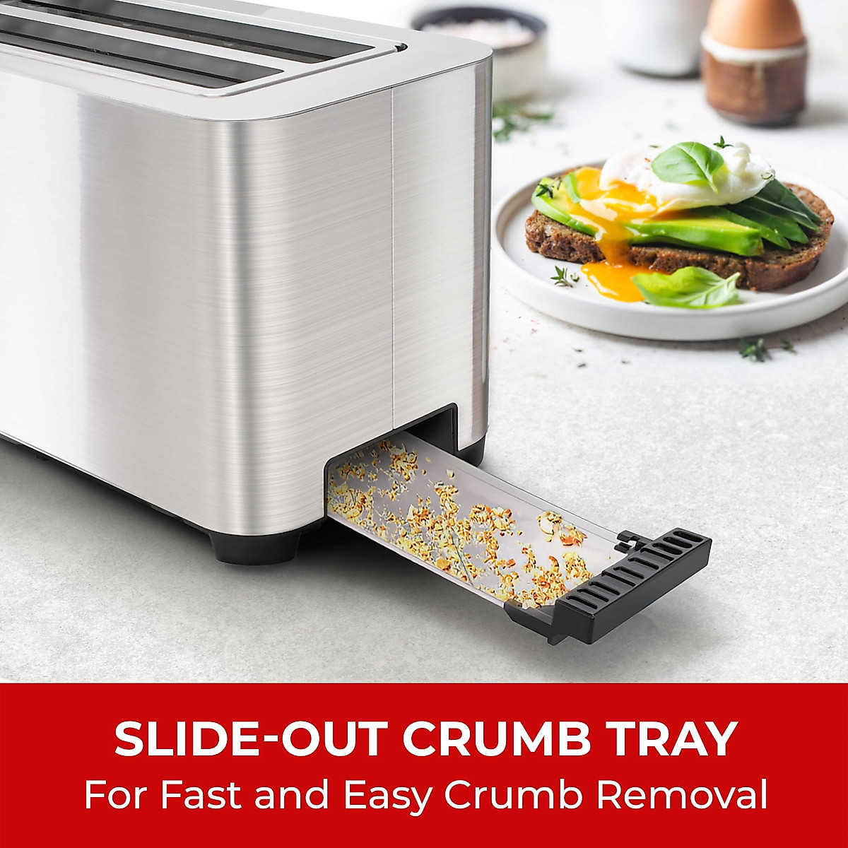 Mueller UltraToast Full Stainless Steel Toaster 4 Slice, Long Extra-Wide Slots with Removable Tray, Cancel/Defrost/Reheat Functions, 6 Browning Levels with LED Display