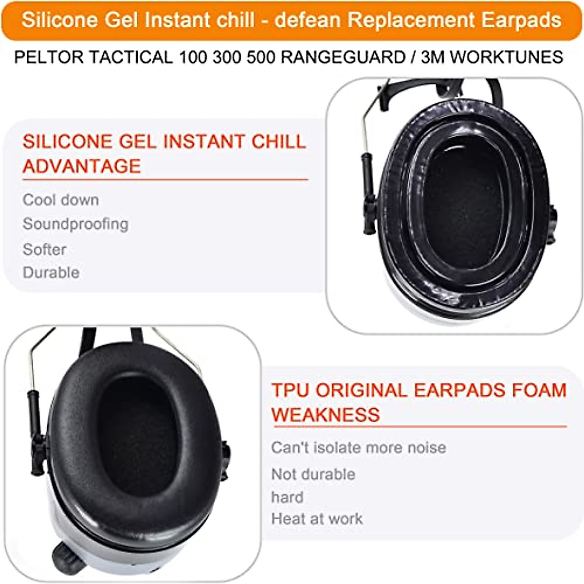 Silicone Gel Instant chill - defean Replacement Earpads Cushion Compatible with Peltor Tactical 100 300 500 Rangeguard / 3M WorkTunes Headset