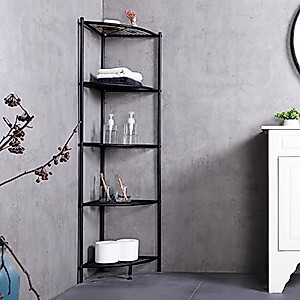 Kimzda 5-Tier Corner Shelf Stand Metal Wire Corner Shelving Display Unit Storage Furniture Multipurpose Space Saving Storage Rack for Living Room, Office, Kitchen, Black