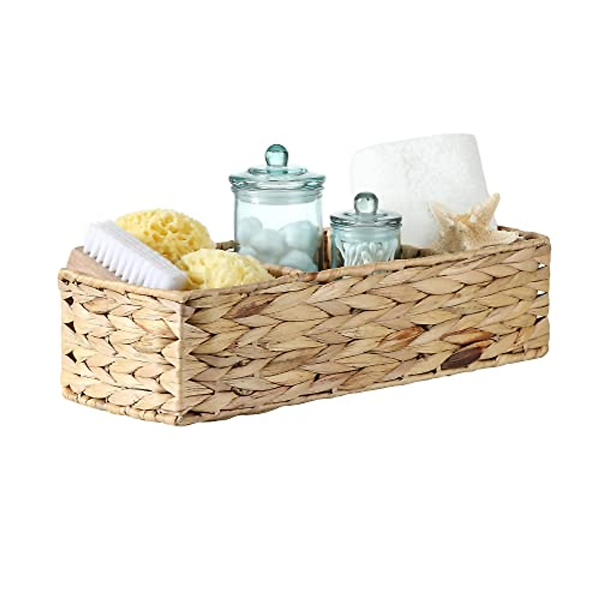 Motifeur Toilet Tank Top Storage - Bathroom Tray 3 Compartment Hand-Woven Water Hyacinth Wicker Basket