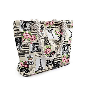 Paris Eiffel Tower Music Notes Floral Print Canvas Tote Shoulder Bag Handbag, Yellow One Size