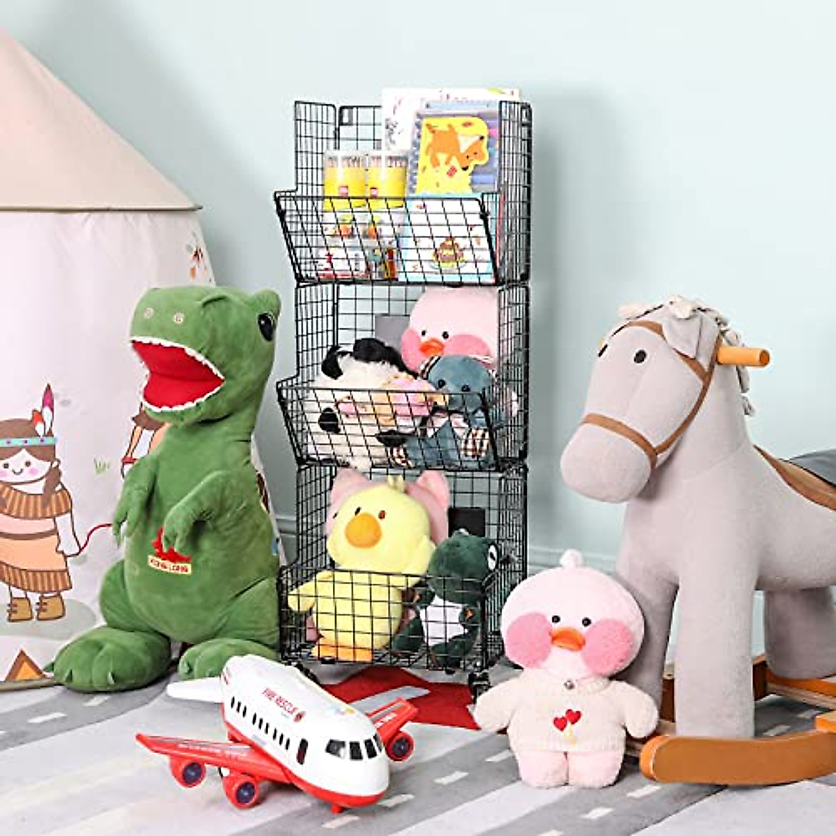 3 Tier Rolling Toy Organizer Basket - Wire Kids Toy Storage with Wheel, S-Hooks, Adjustable Chalkboards - Toy Storage Cart Wall Bookshelf for Kids Room, Playroom, Bedroom