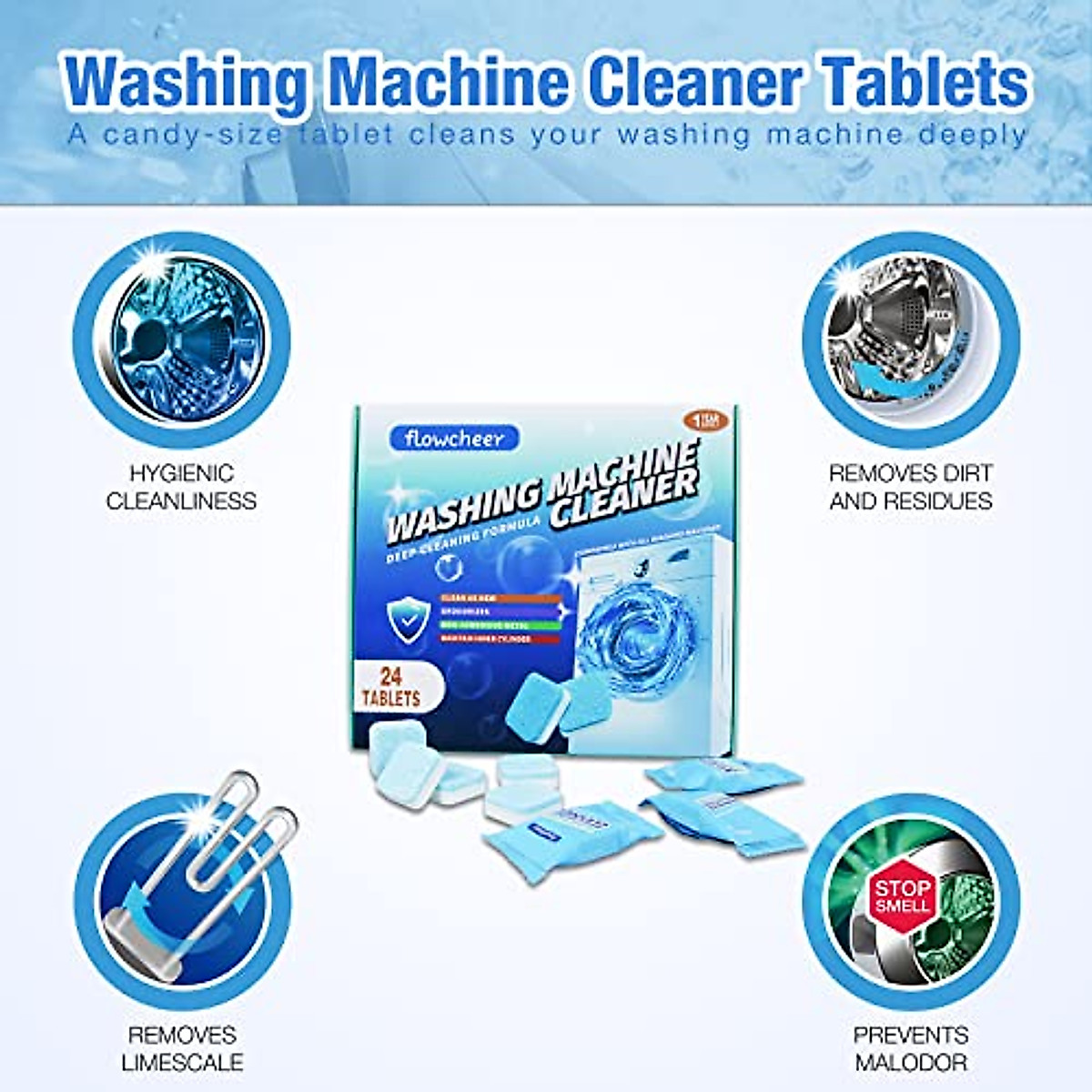 flowcheer Washing Machine Cleaner 24 Pack-Powerful Deep Cleaning Household Washing Machine Cleaner Tablets for HE Front Loader&Top Load Washer,-12 Month Supply