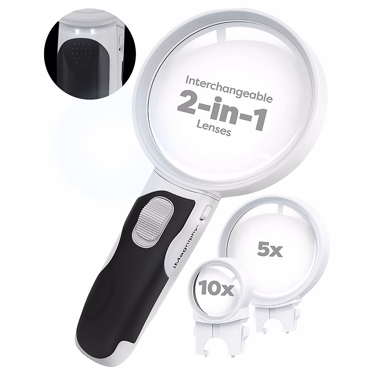 iMagniphy Powerful Magnifying Glass with Light- Senior Citizen Gifts- 5X & 10X Handheld Magnifying Glass with 2 Interchangeable Lenses- Lighted Magnifier for Seniors with Macular Degeneration