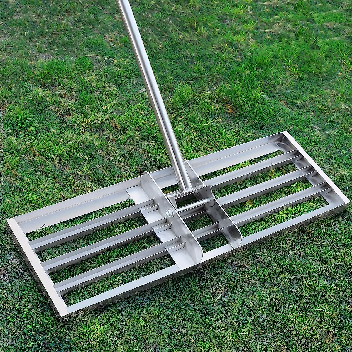 Opmeiro 30'' x 10'' Lawn Leveling Rake: Stainless Steel Lawn Level Tool with Adjustable 87'' Extra Long Handle - Leveling Rakes for Backyard Garden Yard Golf, silver