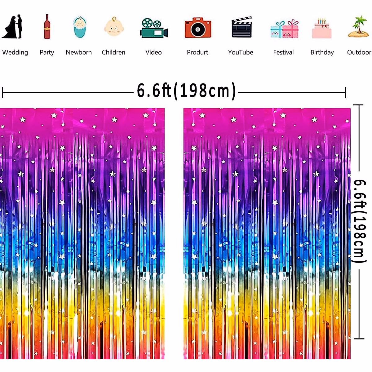 Masxkle 2 Pack (3.3x6.6Ft) Sparkling Neon Rainbow Party Decorations Rainbow Foil Fringe Curtain Backdrop for Birthday Wedding Engagement Bridal Shower Cartoon Party Decorations