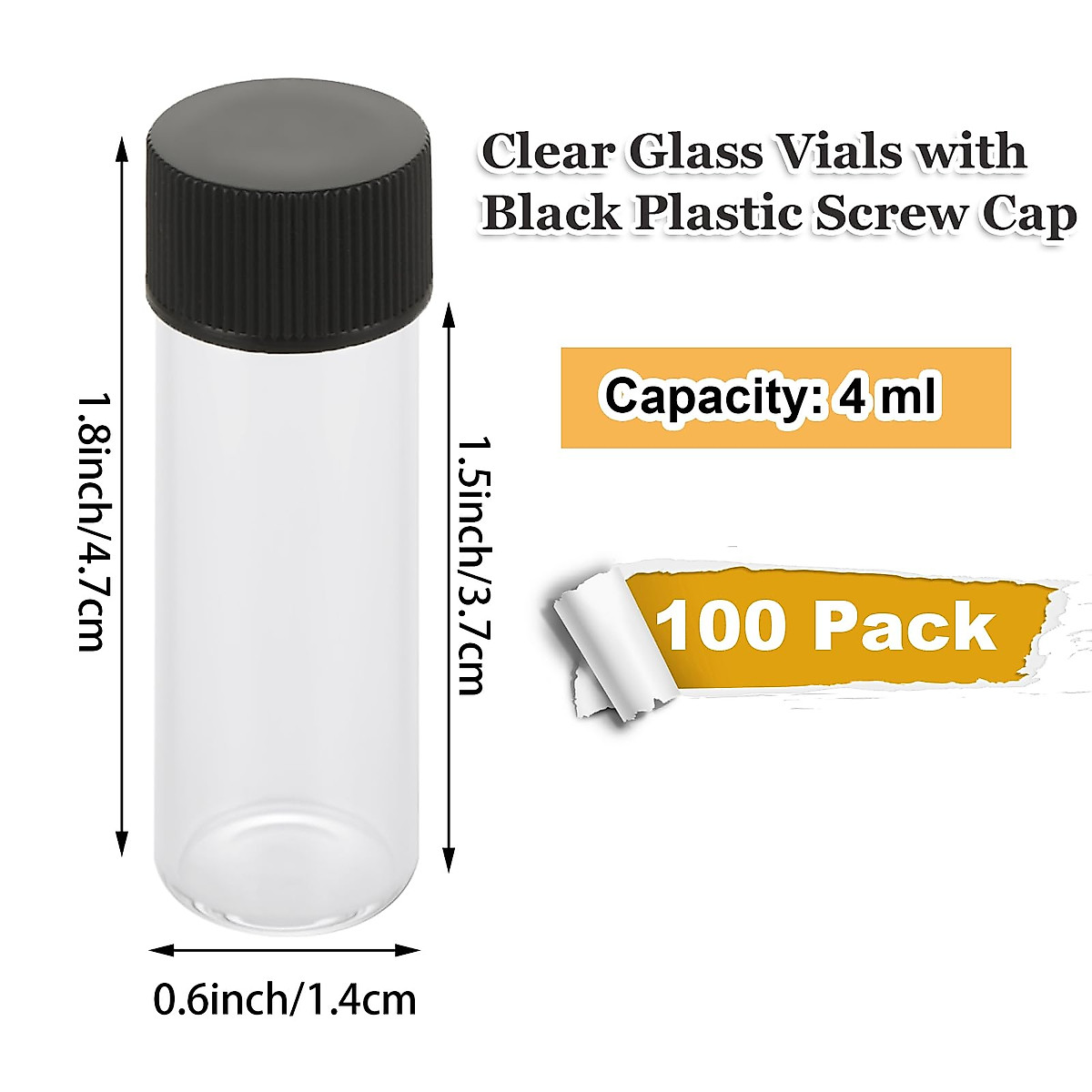 LDHHYH 100 Pack 4ml Clear Glass Vials with Black Plastic Screw Caps, Small Liquid Sample Glass Vial, Leak-Proof Glass Bottles for Essential Oil, Reagent, Seeds