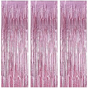 3 Pack Foil Curtains Metallic Foil Fringe Curtain for Birthday Party Photo Backdrop Wedding Event Decor (Pale Pink)