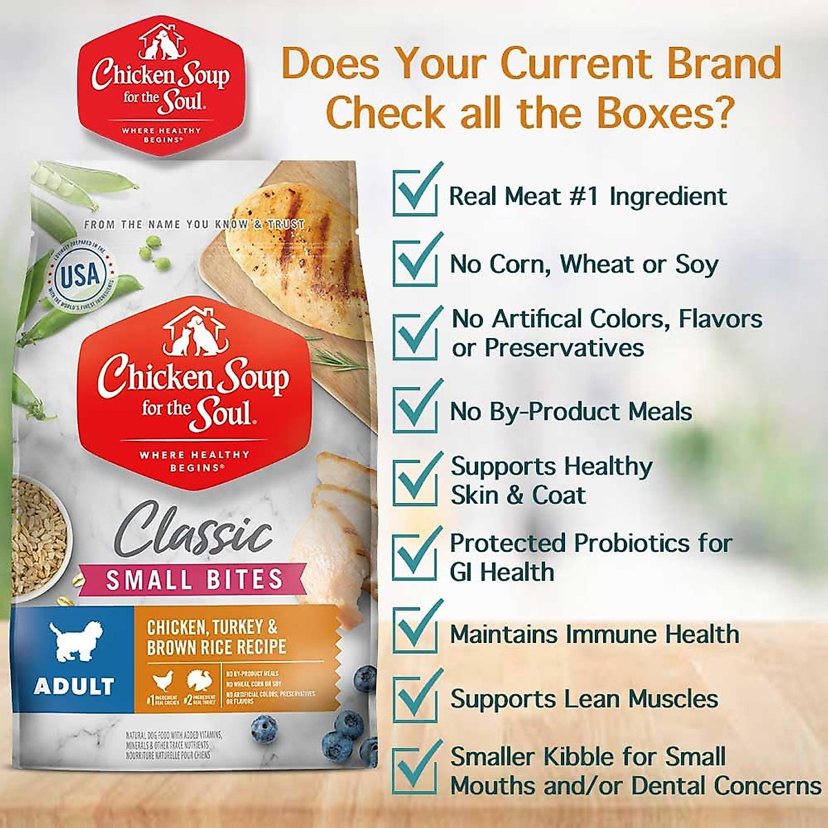 Chicken Soup for The Soul Classic Dry Small Bites Adult Dog Food, Chicken, Turkey & Brown Rice Recipe, 28 Pound Bag | Soy, Corn & Wheat Free, Small Breed Dog Food Made with Real Ingredients