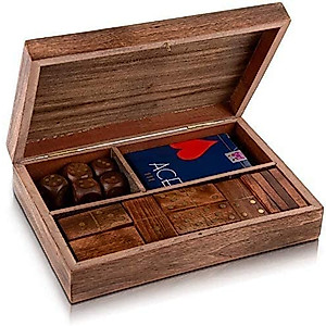Great Gift Ideas Wooden Playing Card Box with 5 Dice & 28 Dominoes Tiles Game Set Deck Pack Case Holder Storage Accessories Organizer with Playing Cards Classic Table Game