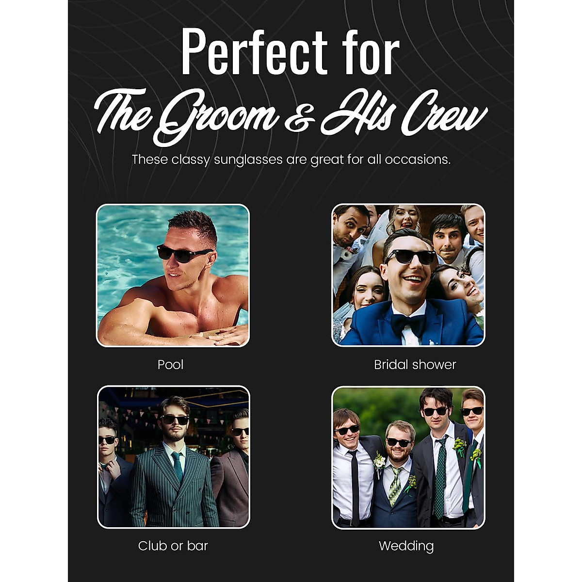 Bachelor Party Sunglasses - Set of (1) Groom & (7) Team Groom Black Sun Glasses | Groomsmen Sunglasses Bridal Party Ideas Groomsman Gift for Wedding Party Gifts Squad Favors for Men Proposal Supply