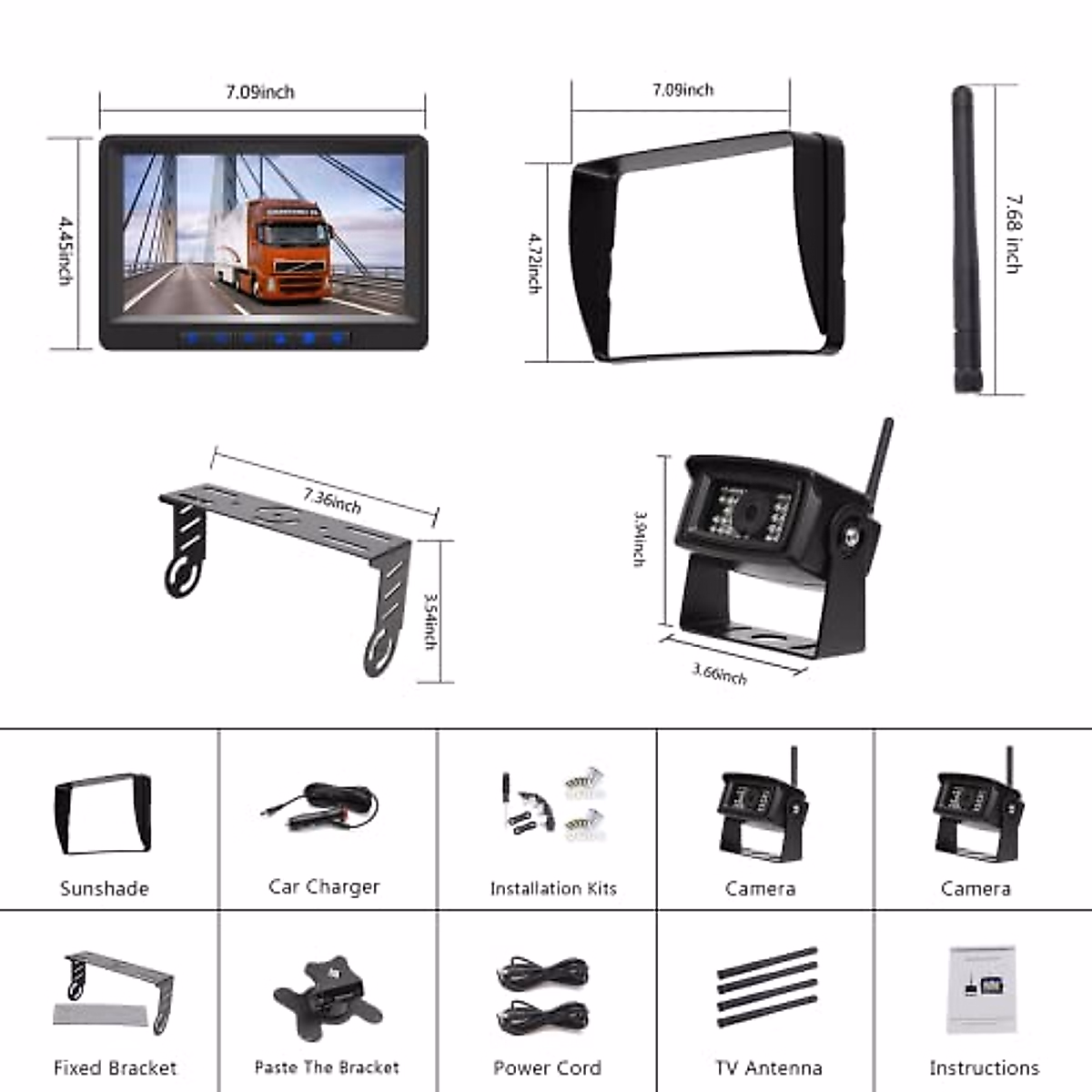 FHD 1080P Wireless Backup Camera Kit 7” LCD Monitor with Blue Backlit Buttons Support Split Screen Two Cameras IP69 Waterproof IR Night Vision for Bus/RV/Truck/Trailer/Motorhome/Boat