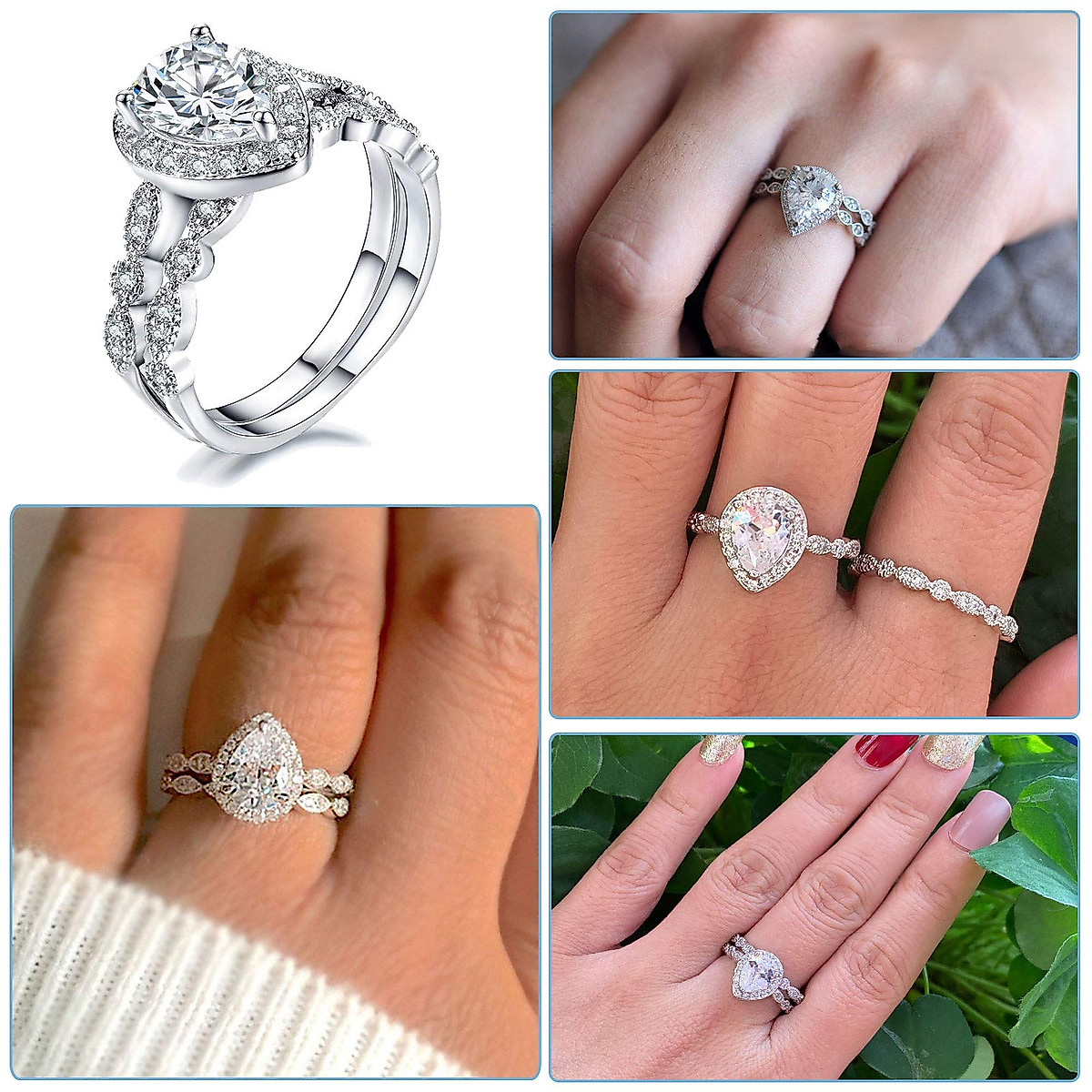 Ahloe Jewelry Teardrop Wedding Ring Sets for Him and Her Women Men Titanium Stainless Steel Bands Cz 18k Gold Plated Pear Couple Rings Size 9&7