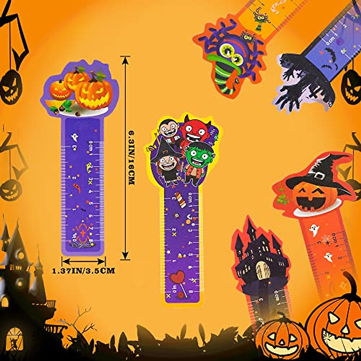 50 Pcs Halloween Bookmarks, Halloween Bookmark Ruler Pumpkins Ghost Skulls for Trick or Treat Prizes, Halloween Party Décor, Classroom Rewards, 10 Designs