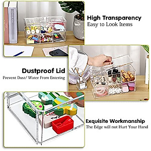 BTSKY Clear Acrylic 6 Section Organizer, Rectangular Stackable Organizer with Lid, Multi-Sectional Drawer Tray Storage Organizer Box Containers for Makeup Vanity Office Bathroom and Kitchen