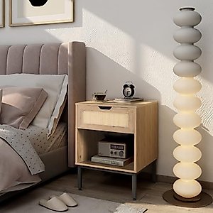 Wekity Nightstand Storage End Table with Rattan Door, Open Storage & Solid Metal Legs, Small Bedside Tables Mid Century Modern Side Tables Nightstand for Living Room Bedroom Small Spaces (Natural)