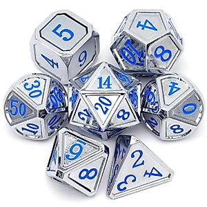 Haxtec Metal DND Dice Set Silver W/ Gift Metal Case D&D Polyhedral Dice for Dungeons and Dragons TTRPG-Silver Blue Numbers