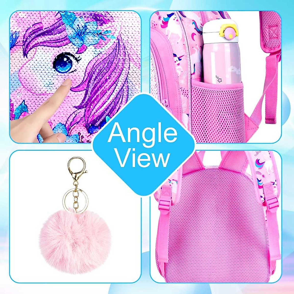 KLFVB Toddler Backpack for Girls,Cute Unicorn Bookbag for Little Kids,12” Sequin Kindergarten Preschool Schoolbag