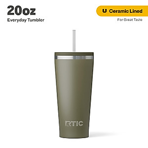 RTIC 20oz Everyday Tumbler Insulated Stainless Steel Portable Travel Coffee Cup with Straw, Spill-Resistant Lid, BPA-Free, Hot and Cold Drink, Ceramic Lining, Olive