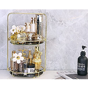 Z PLINRISE Makeup Organizer, 2 Tier Bathroom Cosmetic Storage Shelf for Dresser and Countertop, Decorative Round Vanity Organizer Basket with Marbling Glass Tray, Gold