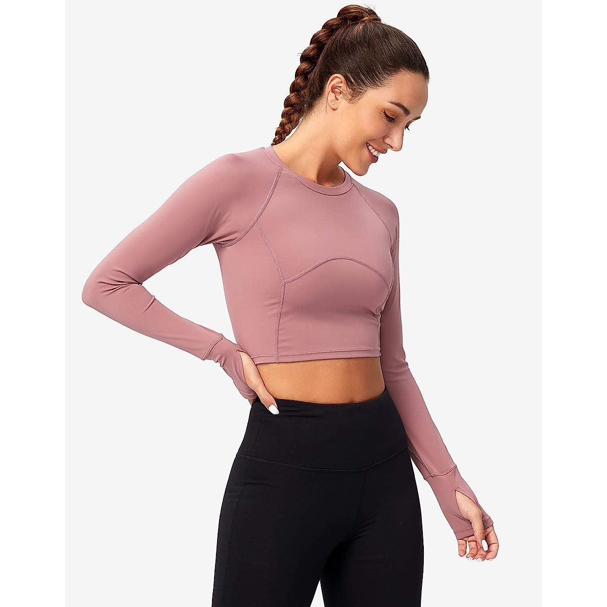 SANTINY Women's Long Sleeve Crop Workout Tops Slim Fit Gym Yoga Running Shirts for Women(B Pink_M)