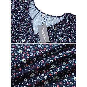 Womens Short Sleeve Tops and Blouses Floral V Neck Shirt Elegant Summer Clothes (Navy Blue,S)