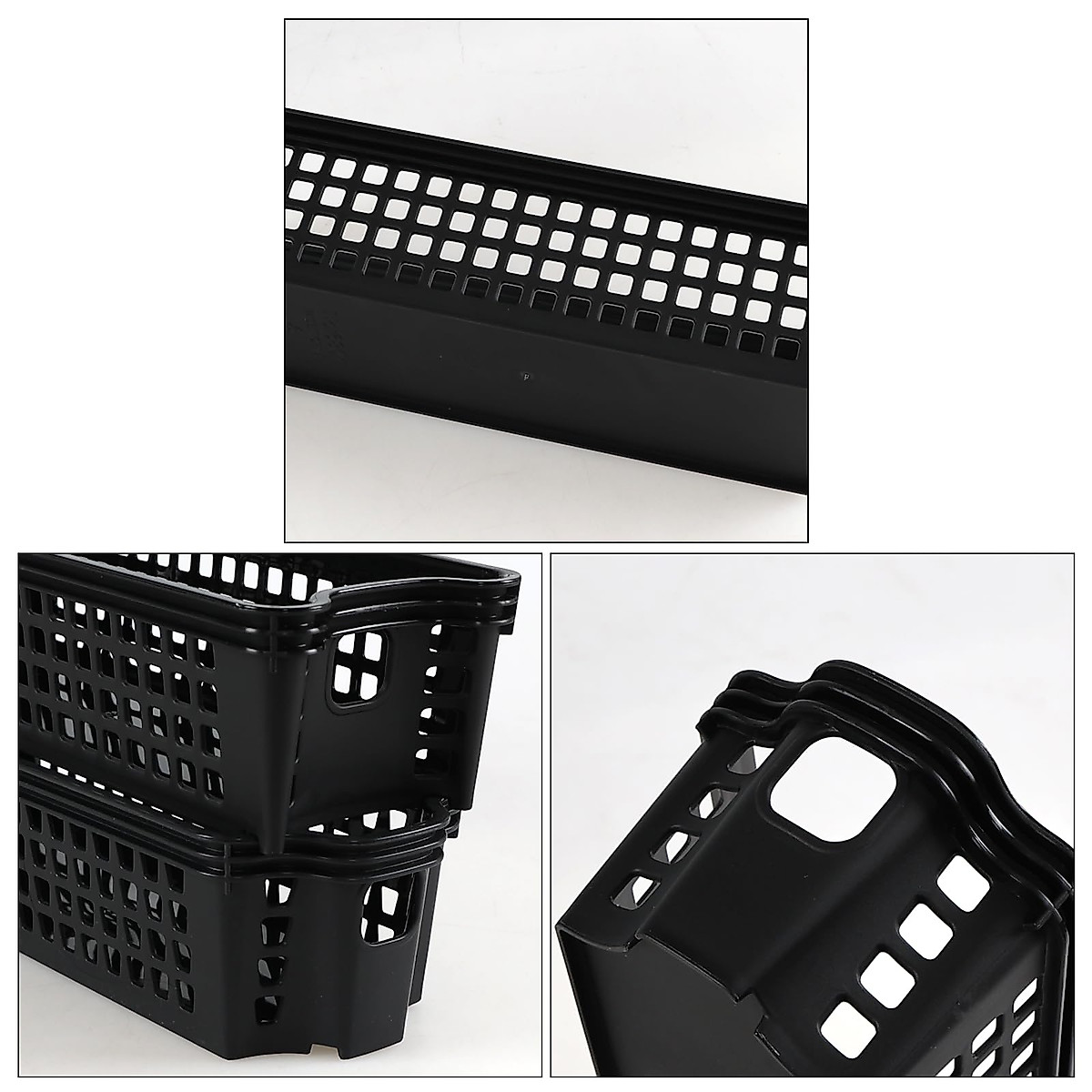 Morcte 12 Pack Narrow Plastic Storage Basket, Stacking Slim Plastic Baskets, Black