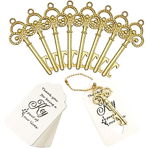 WODEGIFT 100 PCS Key Bottle Openers,Rustic Wedding Favors,Gifts,Decorations or Souvenirs for guests Bulk,Bridal Shower Party Favors with Card Tag and Chains (Gold)