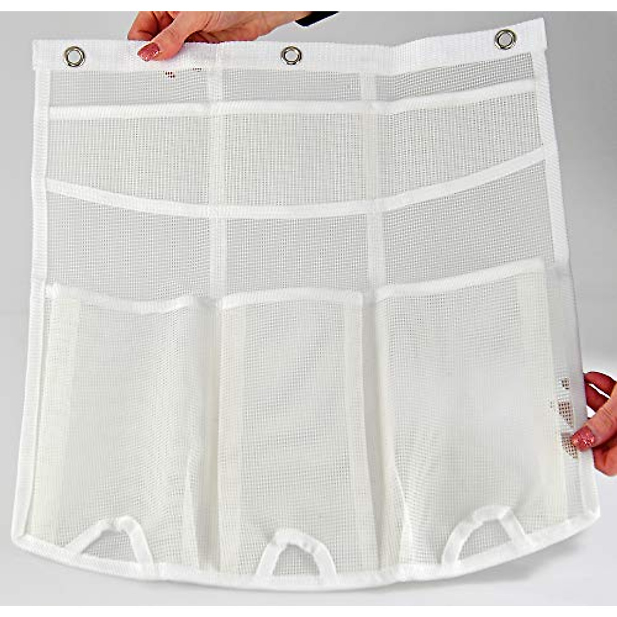 Home-X Hanging Mesh Shower Organizer, Bathroom Shower Organizer for Essentials, Shower Storage Pockets for Shampoo, Conditioner, Soap, and More, 17 ¼" L x 15 ¾" W, White