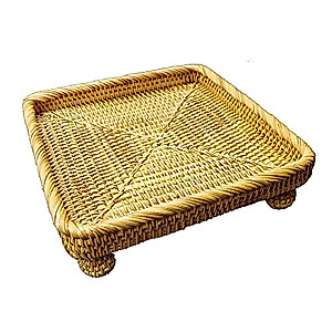 9 Inch Rattan Serving Basket, Square Woven Bowl with 1”Side and Pedestal Stand, Flat Wicker Decorative Snack Basket Trays for Bread, Fruit, Keys, Candy Dish, Rustic Platter, Display Riser, Exxacttorch