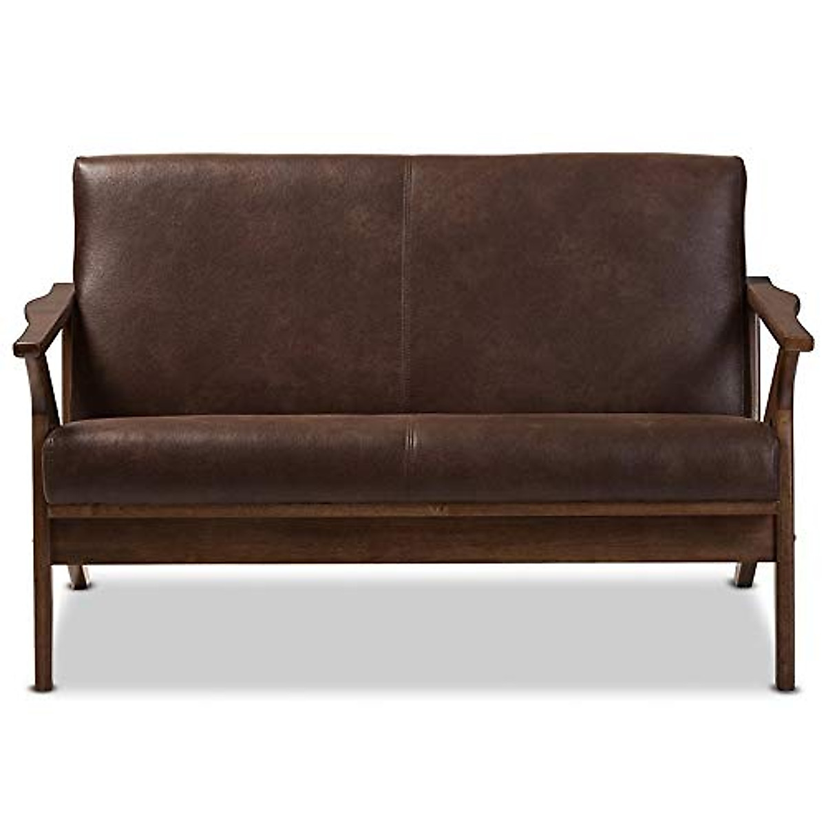 Baxton Studio Bianca Mid-Century Modern Walnut Wood Dark Brown Distressed Faux Leather 2-Seater Loveseat
