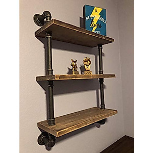 FODUE Industrial Pipe Shelving Bookshelf Rustic Modern Wood Ladder Storage Shelf 3 Tiers Retro Wall Mount Pipe Design DIY Shelving