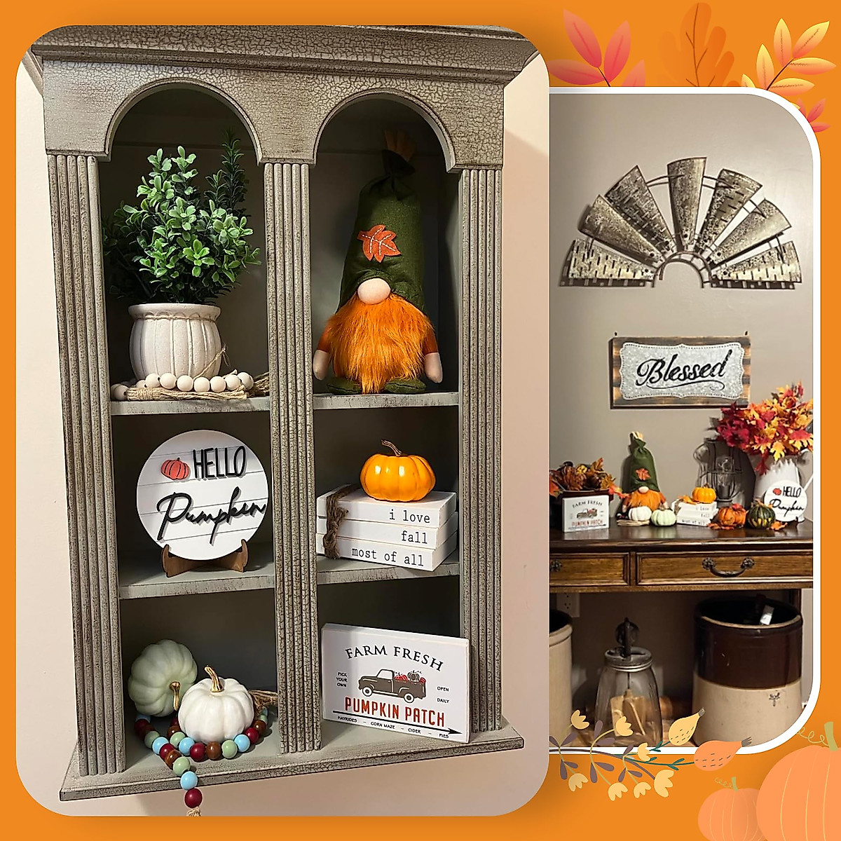 Liswit Set of 9 Fall Tiered Tray Decor with Gnome Book Stack Hello Pumpkin 3 Artificial Pumpkins & Bead for Autumn Halloween Thanksgiving Harvest Decoration Home Decor Set