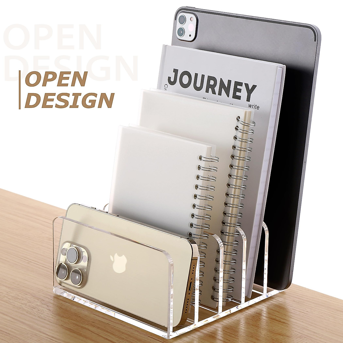 SANRUI Clear Desktop File Organizer, 5 Compartments Acrylic Office Document Sorter Mails Storage, Multifunction Letter Folder Racks Holders for Office,Home, School Desk Organization