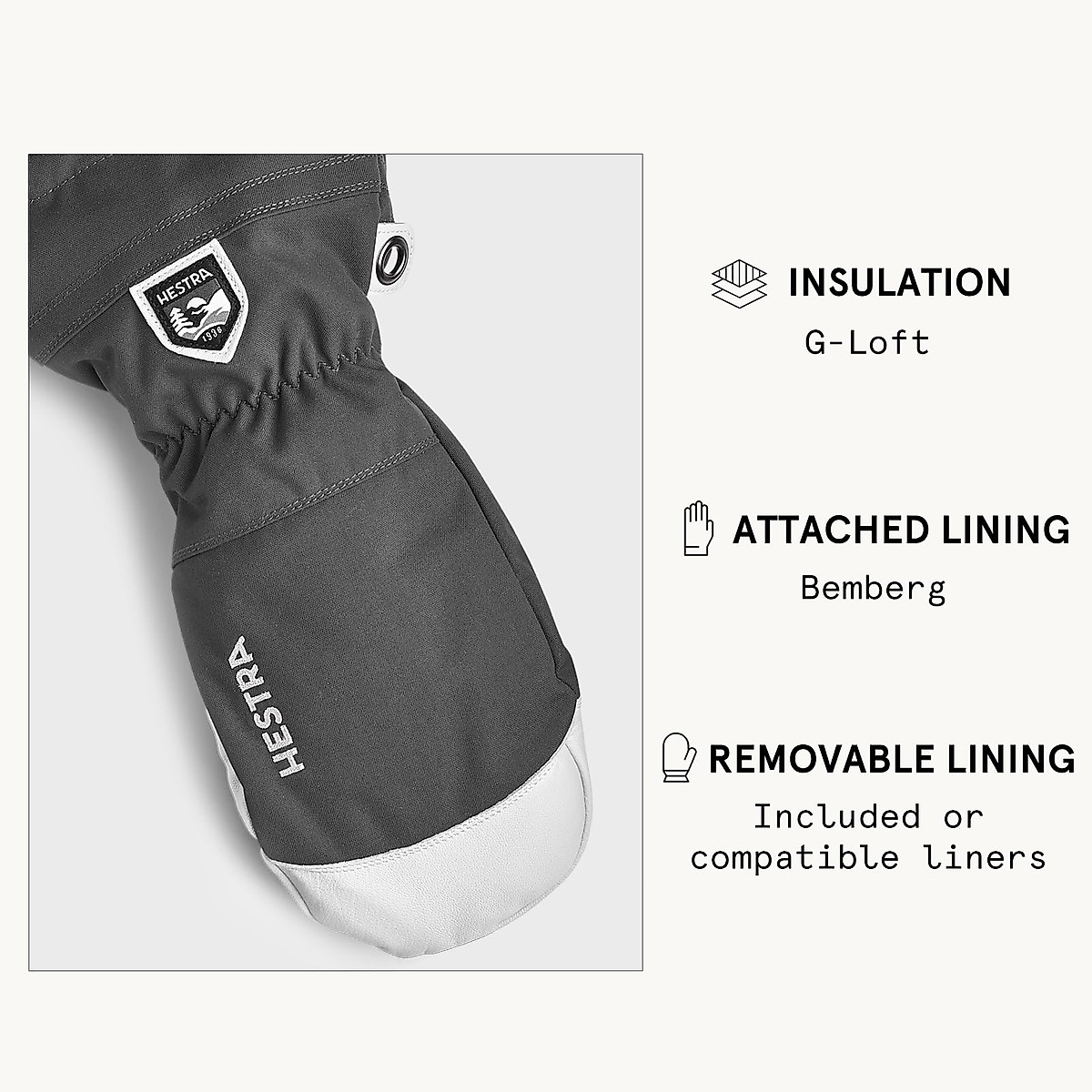 Hestra Army Leather Heli Ski Glove - Classic Snow Mitten for Skiing, Snowboarding and Mountaineering, Grey, 8