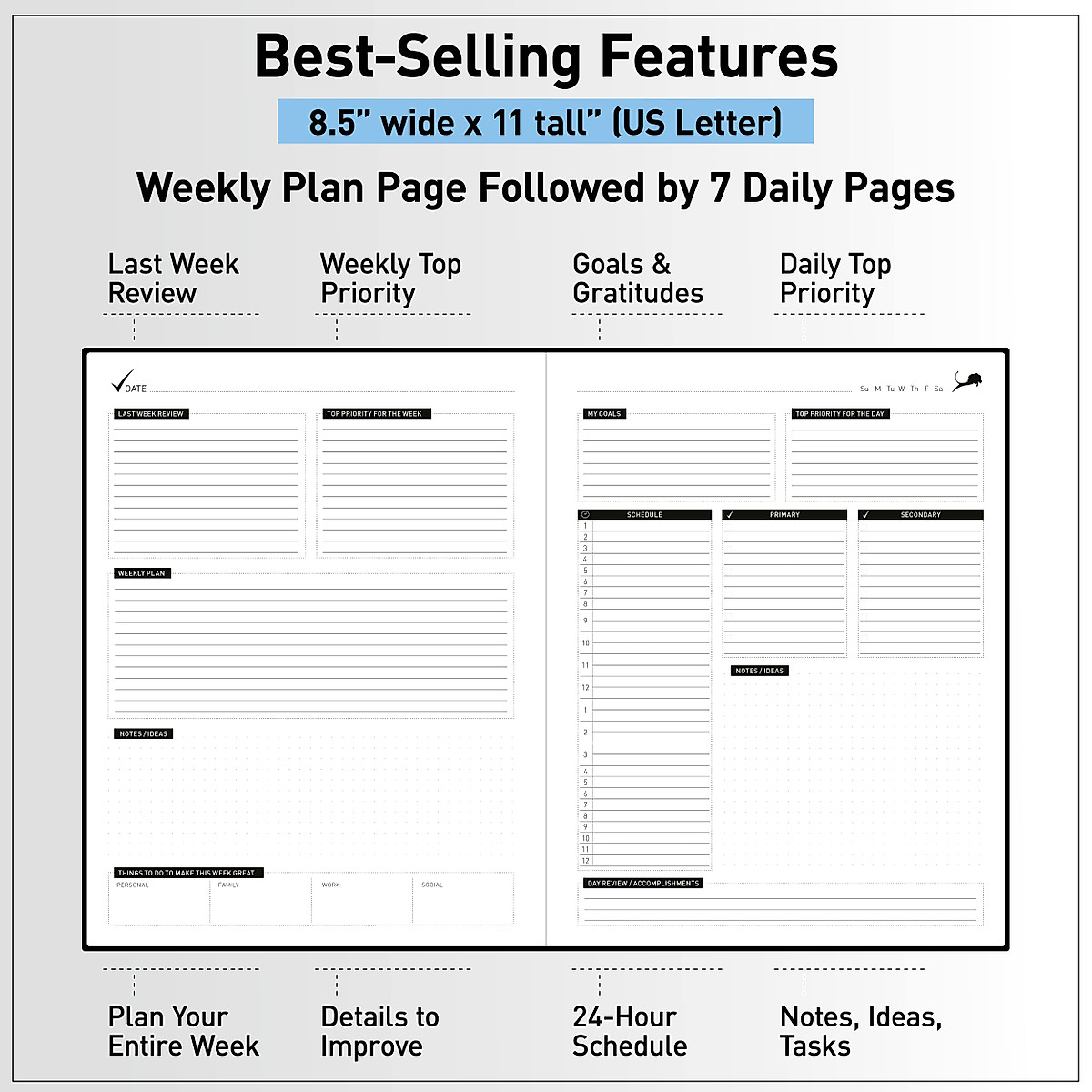 Daily Planner - Professional Life Planner, Calendar & Gratitude Journal to Increase Productivity, Time Management & Happiness - Vegan Leather Softcover, 6 Months, Undated 24 Hour Business Planner