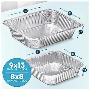 Disposable Aluminum Pans With Lids, 9x13 (10pc) And 8x8 Square (10pc) Combo Set, Disposable Baking and Cake Pan (Pack of 20)