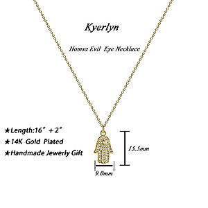 Kyerlyn 14K Gold Plated Hamsa Hand Pendant Necklace Dainty Cubic Zirconia CZ Hamsa Necklace for Women Everyday Charm Necklace