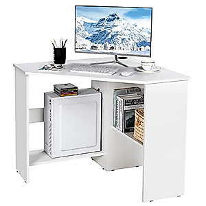 Tangkula White Corner Desk - 90 Degrees Triangle for Computer, Small Space, Bedroom, Makeup Vanity Desk with Storage Shelves & CPU Stand, Space Saving Writing Desk