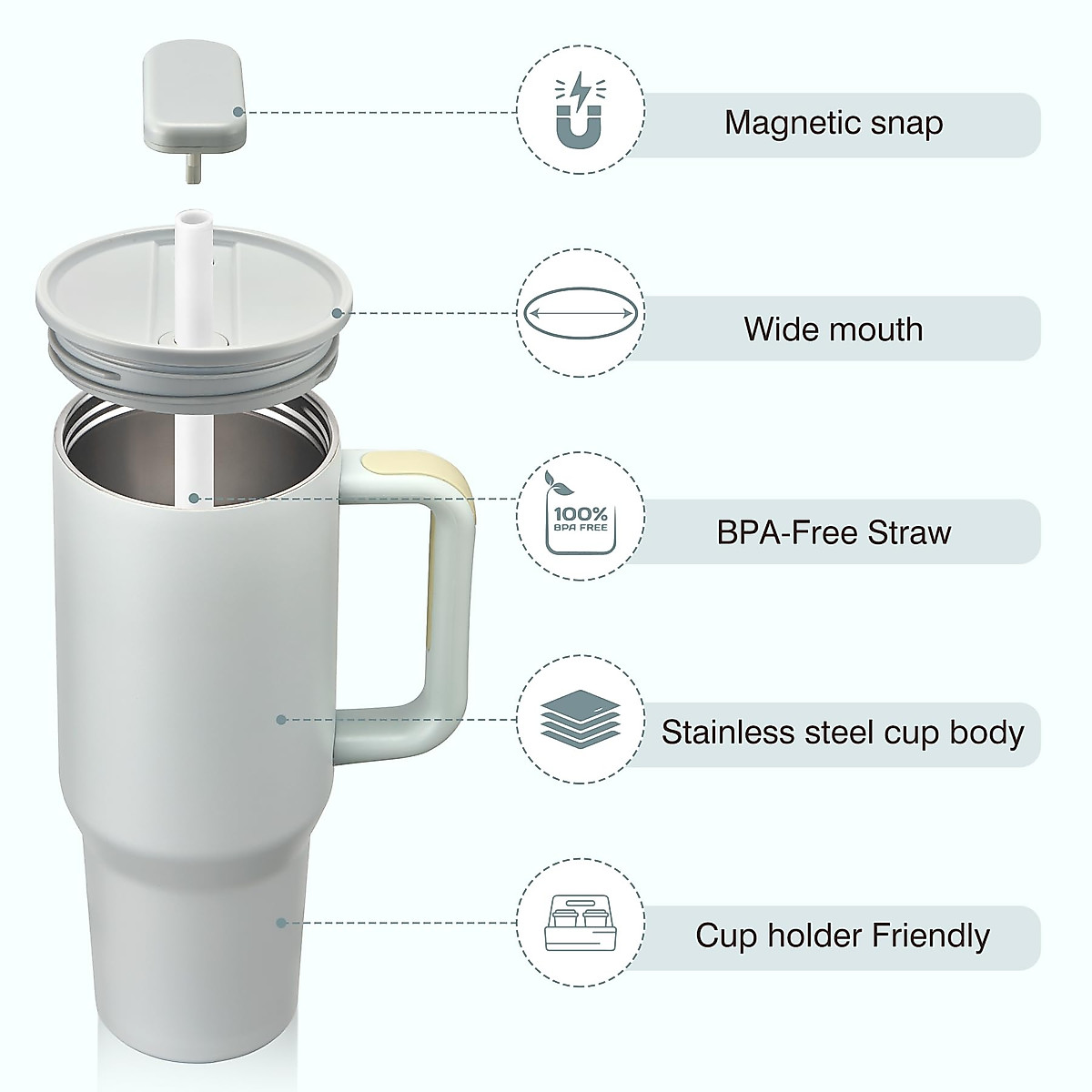 Pawtong 40oz Magnetic Lid Insulated Tumbler with Handle, 360° Rotating & Removable Cover, Leak-Proof Travel Mug with Soft Silicone Straw for Drivers, Commuters, Road Trips, Dishwasher Safe (Grey)