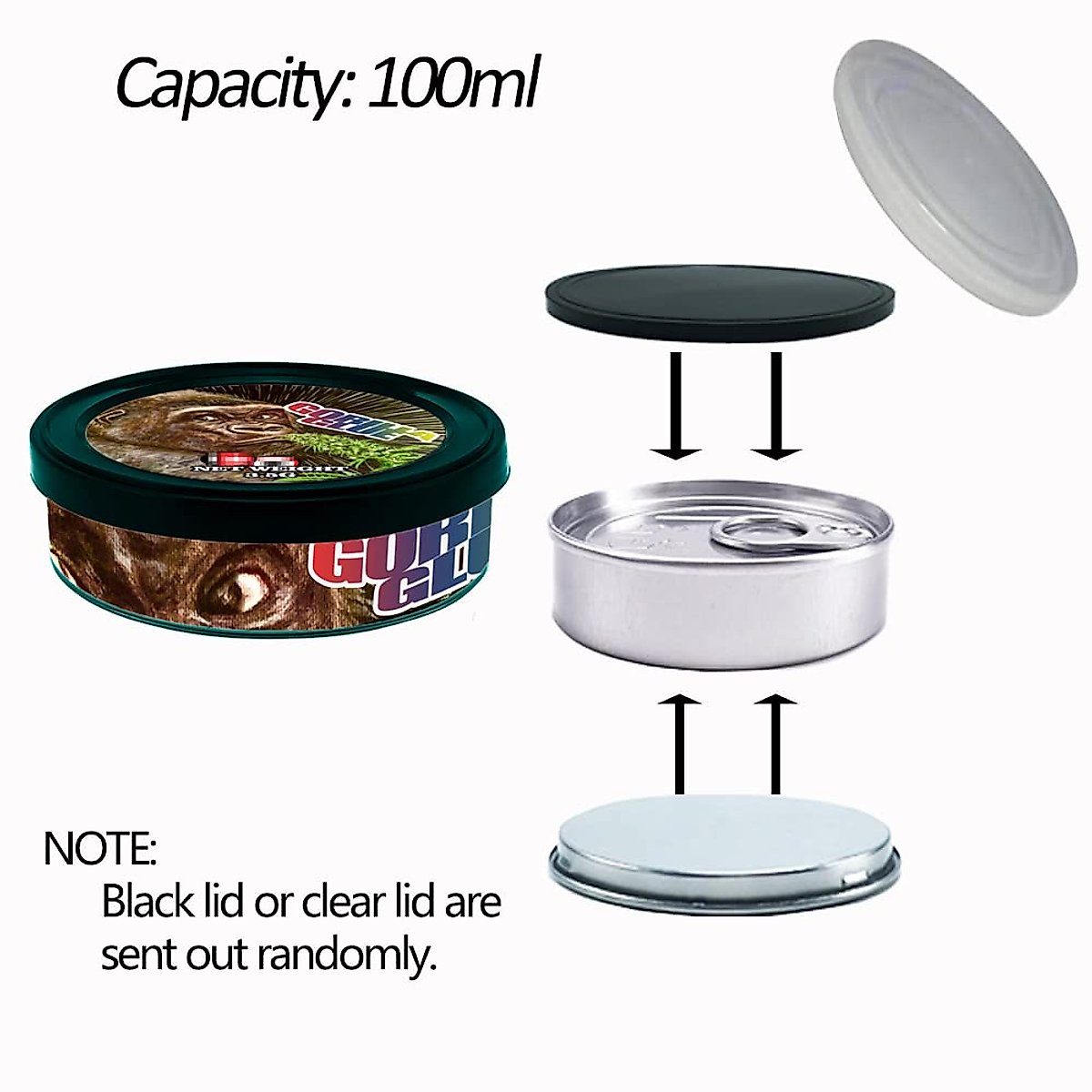 Self-Seal Cali Tin Can, Pressitin Cans with Ring Lid and Label, Side Stickers, Tin Tuna Can - No Tools Needed - 100ml/3.5g (20 Sets)