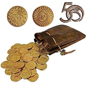 50 DND Fantasy Metal Gold Coins & Leather Pouch for Dungeons & Dragons Novelty Tabletop RPG Board Games Tokens Treasure Coins for Party Tablelap Games Accessories Addons Medieval Game Retro Props