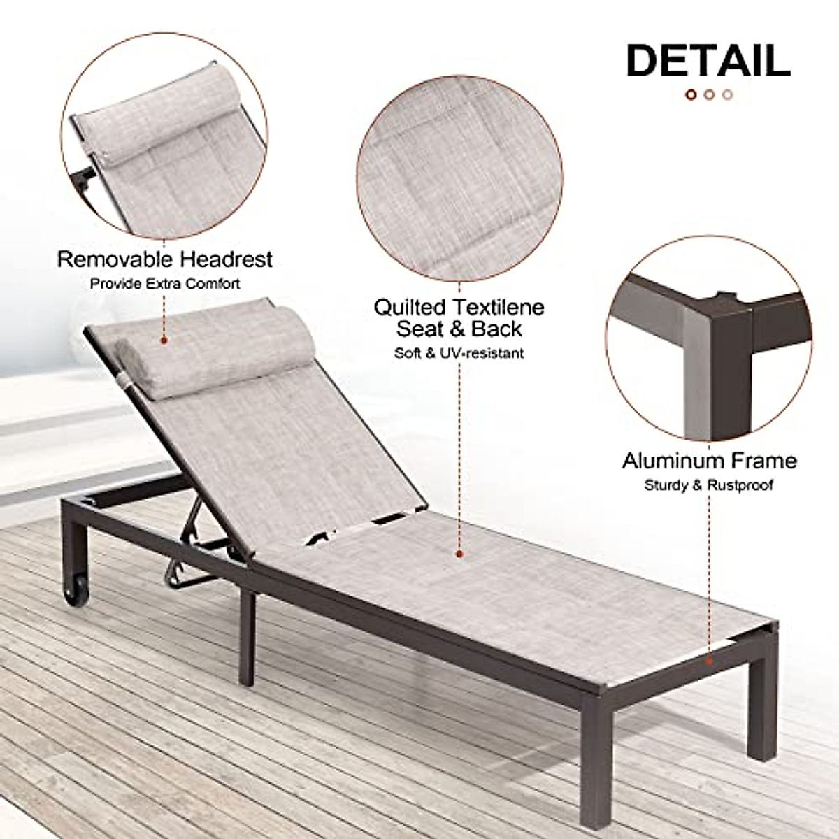 Crestlive Products Aluminum Patio Chaise Lounge Chair Five-Position Adjustable Outdoor Recliner with Headrest and Wheels All Weather for Patio, Beach, Yard, Pool (2 PCS Beige)